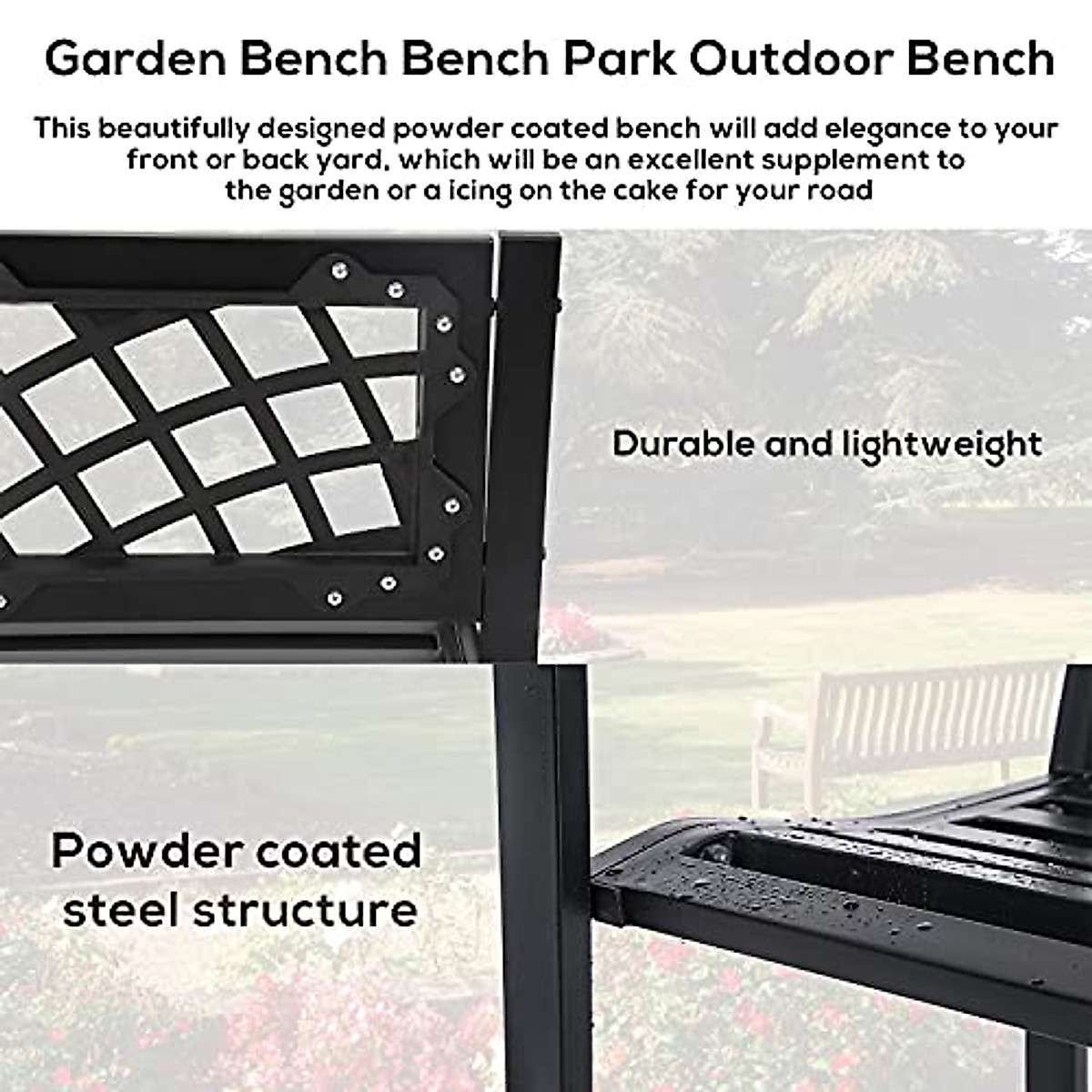 HCY Garden Bench Outdoor Metal Bench Patio Garden Bench Sturdy Steel Frame Furniture for Outdoor,Yard, Park, Porch, Entryway, Lawn,(Black), 45''x18''x30''
