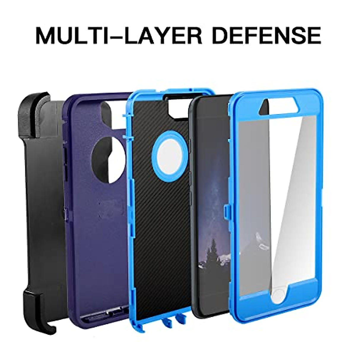 iPhone 8 Plus/7 Plus Case, AICase [Heavy Duty] [Full Body] Tough 4 in 1 Rugged Shockproof Cover with Built-in Screen Protector for Apple iPhone 8 Plus/7 Plus (Dark Blue/Light Blue+Belt Clip)