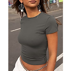 ZHENWEI 2 Piece Women's Workout Gym Compression Shirts Cute Basic Cap Sleeve Slim Fitted Crop Tee Top Black&Grey S