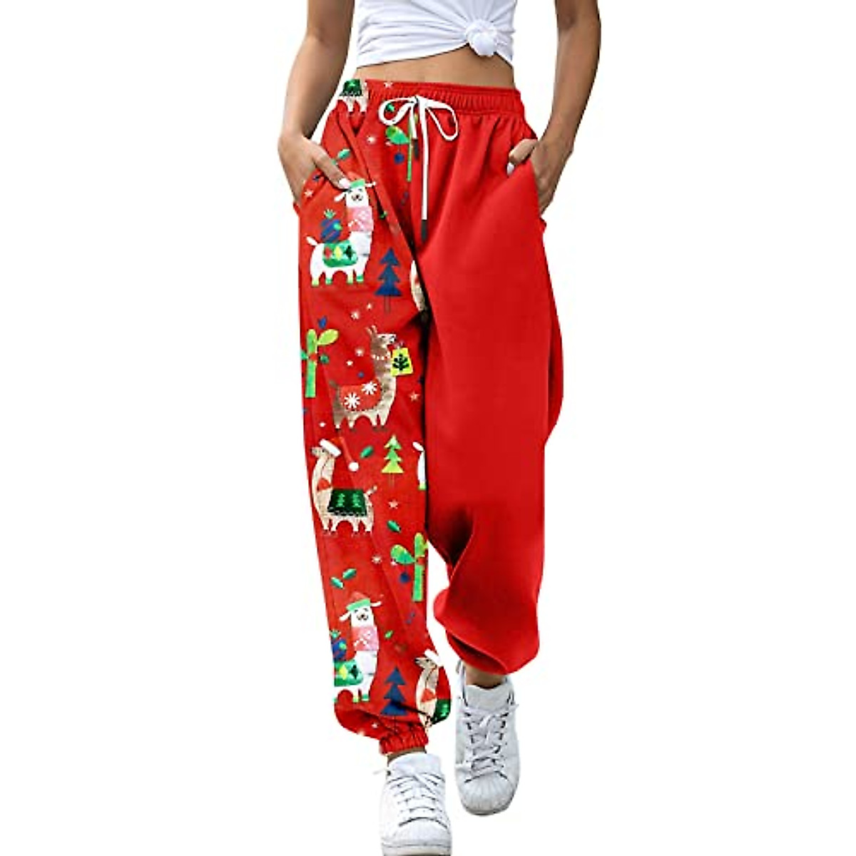 Womens Cargo Sweatpants,High Waisted Sweatpants for Women Christmas Print Elastic Waisted Workout Jogging Drawstring Casual Baggy Workout Pants Santa Claus Graphic Print U XL