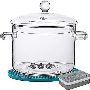 Glass Pots for Cooking on Stove, 2 Quart/64 Oz Heat-Resistant Clear Pots and Pans Set, Glass Cookware with Cover, for Fruits, Salads, Soups, Milk, and Baby Food, Easy Monitoring of Food While Cooking