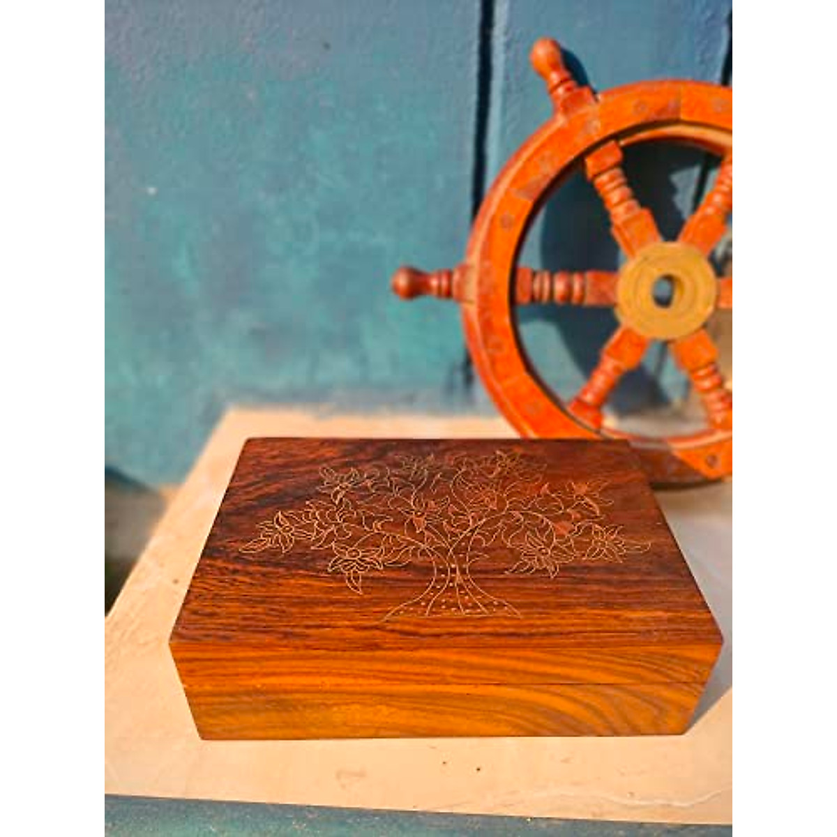 collectiblesBuy Handmade Wooden Box Hinged Lid Brown keepsake Unfinished Jewelry and DIY Crafts Storage Box for Women Jewel Organizer Golden Floral Print Decorative Wood Stash Boxes Walnut Finish