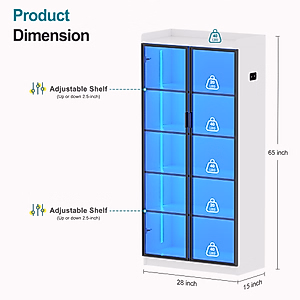 Lvifur Tall Storage Cabinet up to 70", LED Kitchen Pantry Cabinet with Human Body Induction, 5 Tier Bookcase Display Cabinet with Adjustable Shelves for Living Room Office (White)