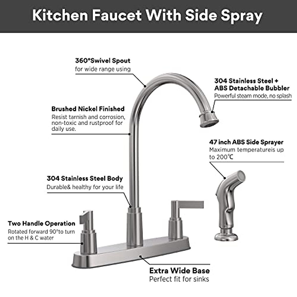 GOWIN Brushed Nickel Kitchen Faucet with Side Sprayer,2 Handle Kitchen Sink Faucet，Kitchen Faucets for Sink 3 Hole or 4 Hole,High Arc Stainless Steel 8 Inch Centerset Kitchen Faucet