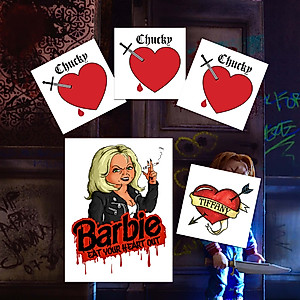FashionTats Bride of Chucky Heart (3-pack) Plus Tiffany Heart - PLUS BONUS MOVIE LINE TATTOO | Cosplay Halloween Costume Tattoo Kit | Skin Safe | MADE IN THE USA | Removable