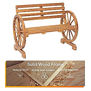 FDW Wooden Wagon Wheel Bench Outdoor Patio Furniture Lounge Furniture 2-Person Seat Bench for Backyard, Patio Garden Rustic Country Design w/Slatted Seat and Backrest,Log Color