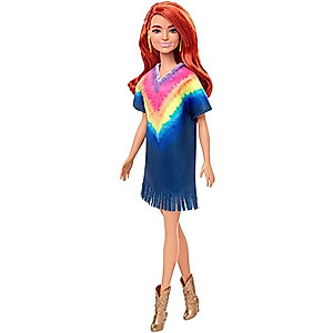Barbie Fashionistas Doll #141 with Long Red Hair Wearing Tie-Dye Fringe Dress, Golden Boots & Earrings, Toy for Kids 3 to 8 Years Old