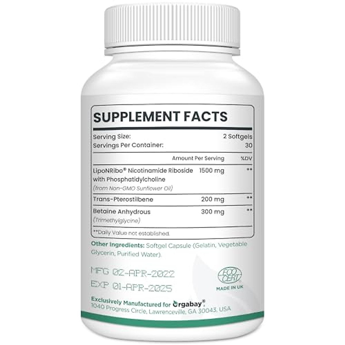 Orgabay Liposomal Nicotinamide Riboside 2000 MG with TMG and Pterostilbene, Boosting NAD+, Support Healthy Aging, 60 Count