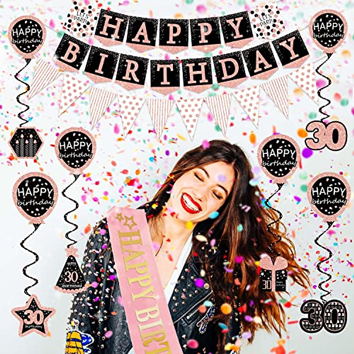 30th birthday decorations for her - (76pack) rose gold party Banner, Pennant, Hanging Swirl, birthday Balloons, Foil Backdrops, cupcake Topper, plates, Photo Props, Birthday Sash for women gift