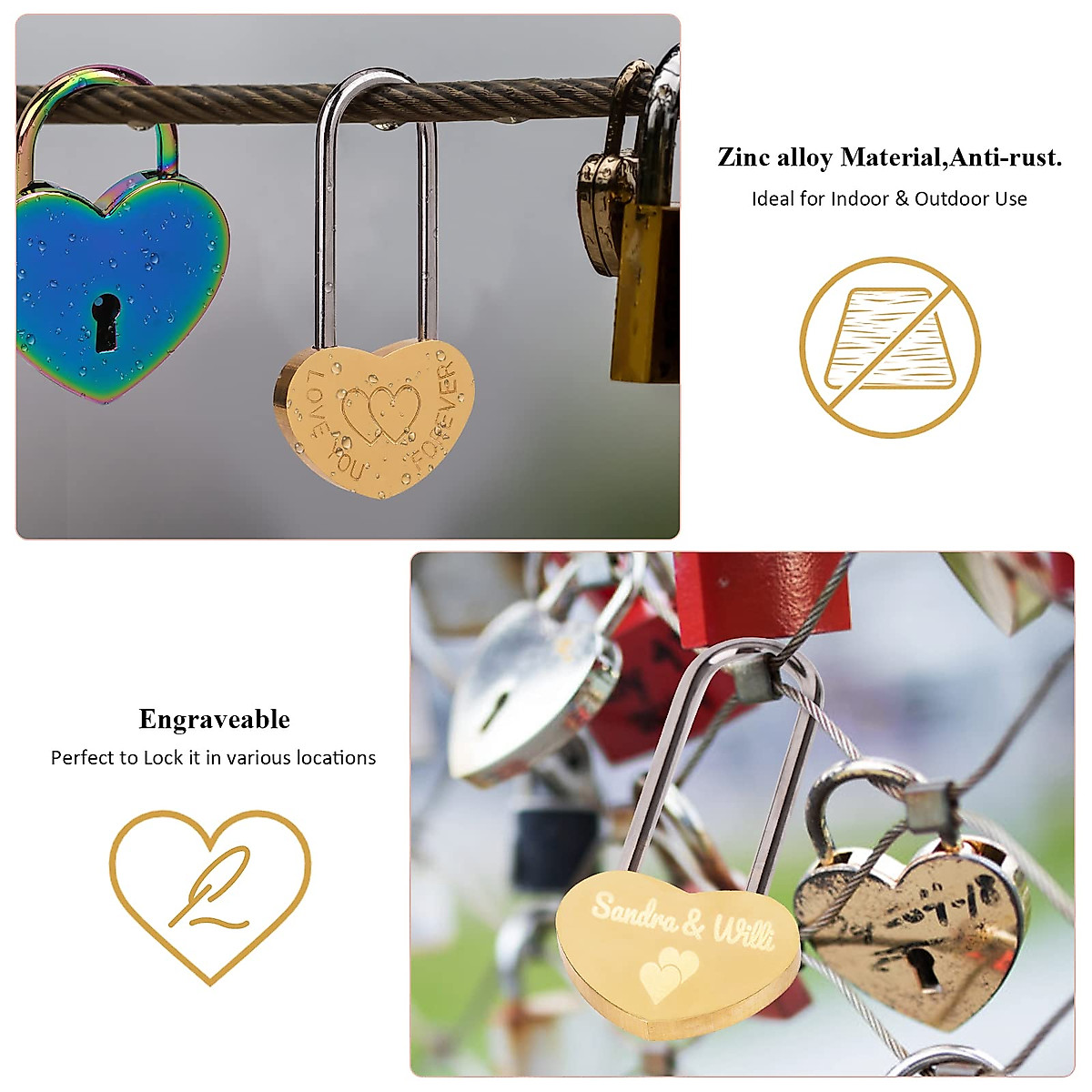 Love Lock Single Heart Gold Padlock:3.5" 50mm Engraved Love-You-Forever Wish Heart Lock Everlasting Love for Lovers Wedding,Valentines,Anniversary,Travel,Valentines Day,Bridge(NO Key)