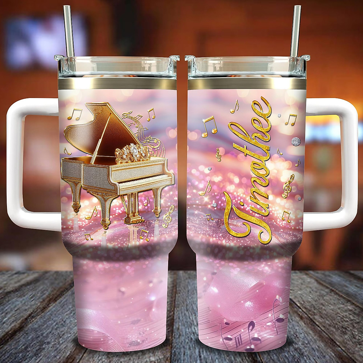 WAZONE Personalized Piano Tumbler With Name Tumbler 40oz with Handle and Straw Stainless Steel Double Wall Vacuum Customized Christmas Birthday Gifts for Music Lovers Teachers Pianist
