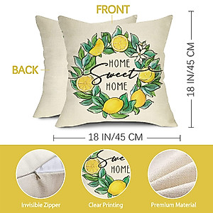Fjfz Hello Summer Lemon Decorative Throw Pillow Cover 18 x 18 Set of 4, Bicycle Black White Buffalo Plaid Check Stripes Porch Outdoor Home Decor, Home Sweet Home Wreath Farmhouse Couch Cushion Case