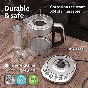 Hot Tea Maker Electric Glass Kettle with tea infuser and temperature control. Automatic Shut off. Brewing Programs for your favorite teas and Coffee.