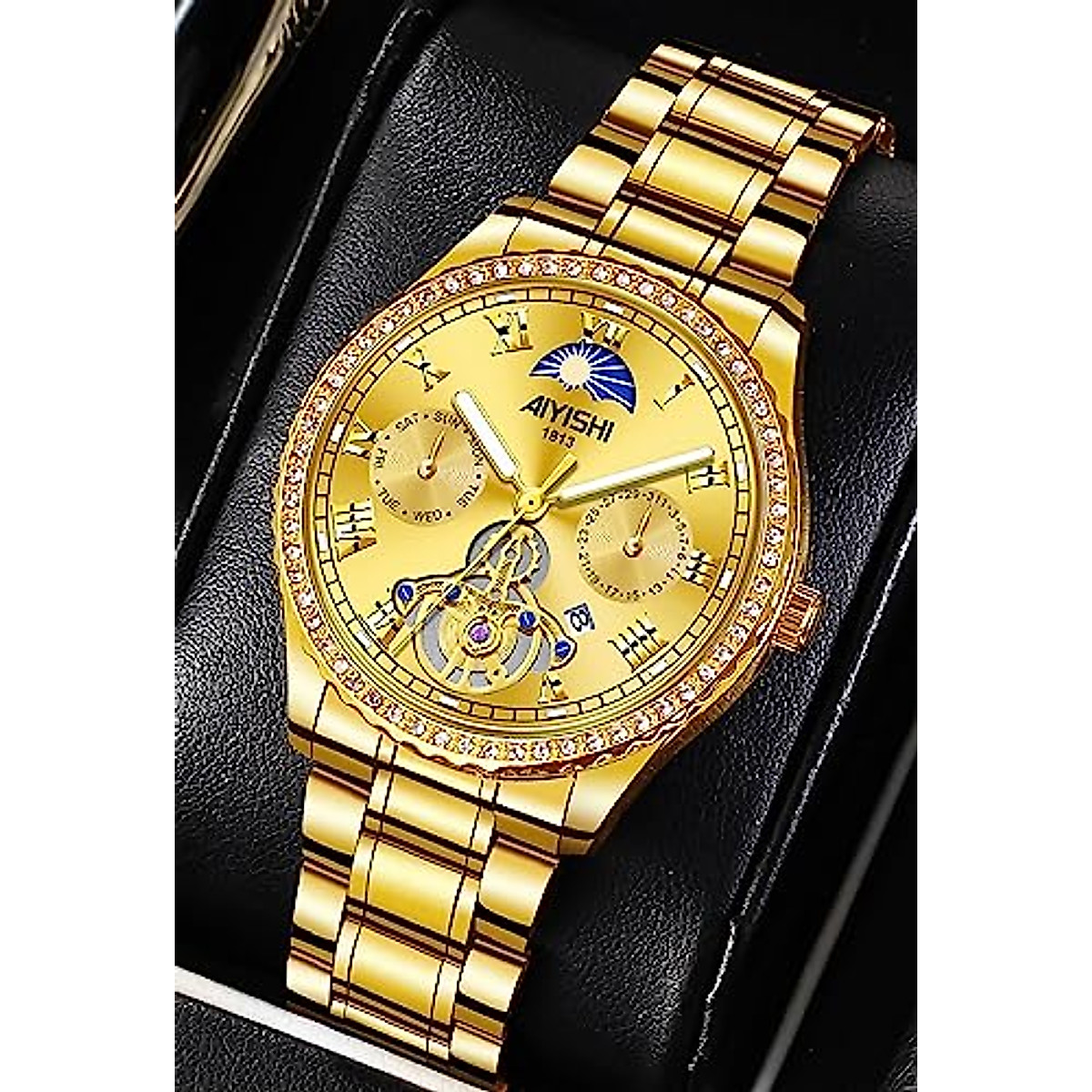 AIYISHI Unisex Golden Watches Luxury Diamond Fashion Waterproof Stainless Steel Luminous Calendar Date Quartz Wrist Watch for Men and Women (Gold dial)