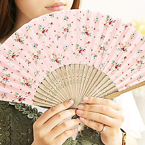 Hand Fan Bamboo Pink Flower Printed Folding Fan Cotton for Party Wedding Gift