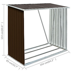 vidaXL Garden Log Storage Shed - Compact, Waterproof Wood Storage with Ventiliated Design - Galvanized Steel - Brown - 64.2" x 32.7" x 60.6"