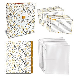 Recipe Binder, 8.5" x 9.5" 3 Ring Binder Organizer Set (with 50 Page Protectors, 100 4" x 6" Recipe Cards & 12 Category Divider Tabs) by Better Kitchen Products, Black & Gold Montage Design