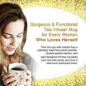 Hey Girl Tea Cup with Infuser and Lid - Double-Walled Insulation & Ceramic Outer Tea Infuser Mug - Fine-Mesh Strainer Basket - Gift-Inspired Packaging - 12 oz