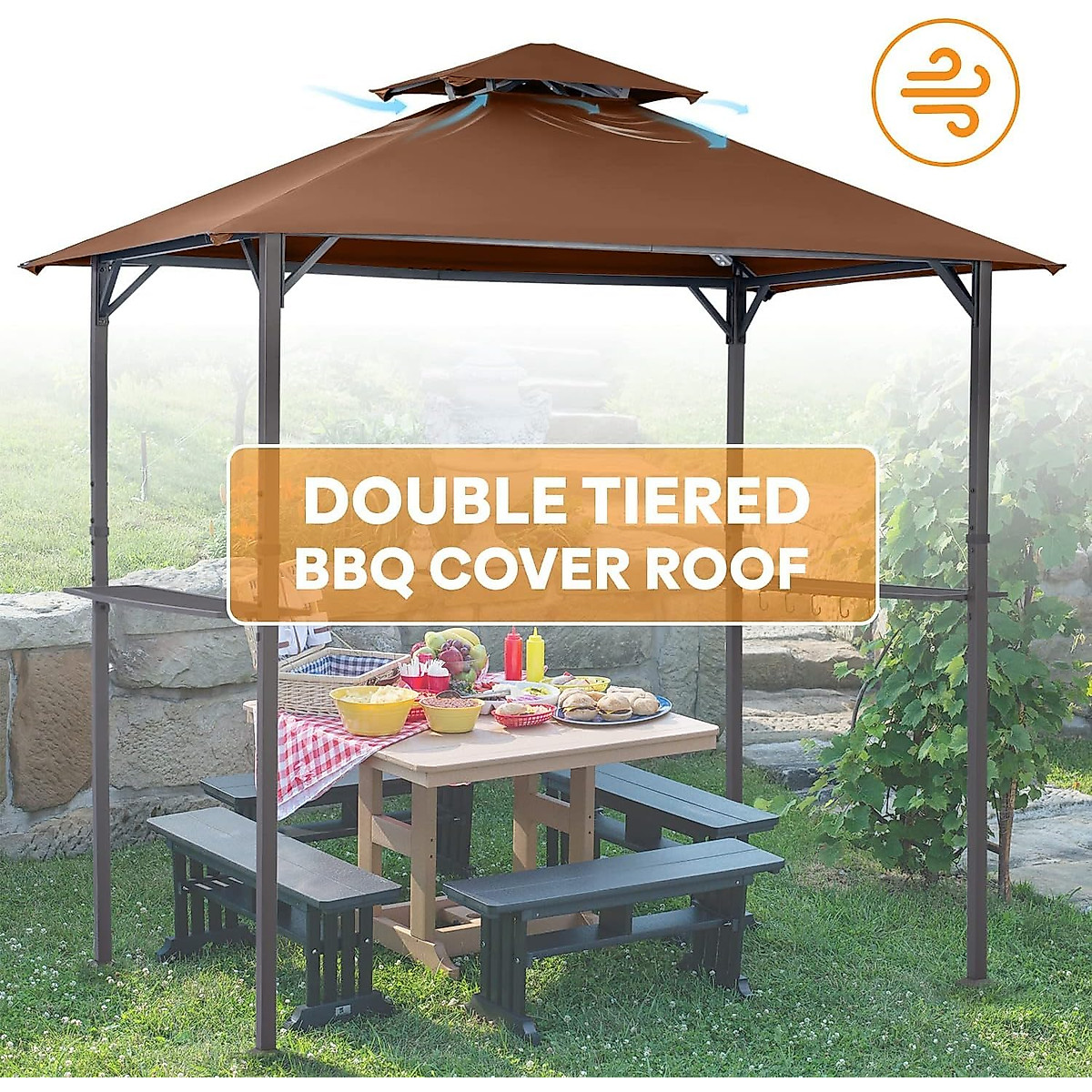 Grill Gazebo Replacement Canopy Roof, 5'x8' Outdoor BBQ Top, Double Tiered Shelter Cover Fit for Model L-GG001PST, L-GZ238PST (Brown)