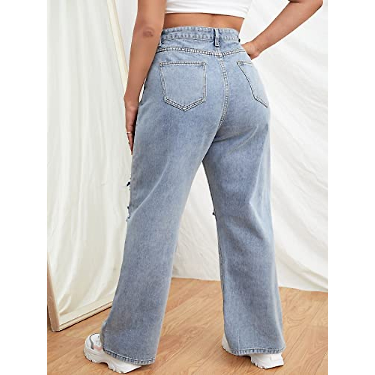 WDIRARA Women's Plus Size High Waist Ripped Wide Leg Jeans Baggy Denim Pants Light Wash 3XL