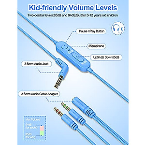 New bee Kids Headphones for School with Microphone HD Stereo Safe Volume Limited 85dB/94dB Foldable Lightweight On-Ear Headphone for Boys/PC/Mac/Android/Kindle/Tablet/Pad (Blue)