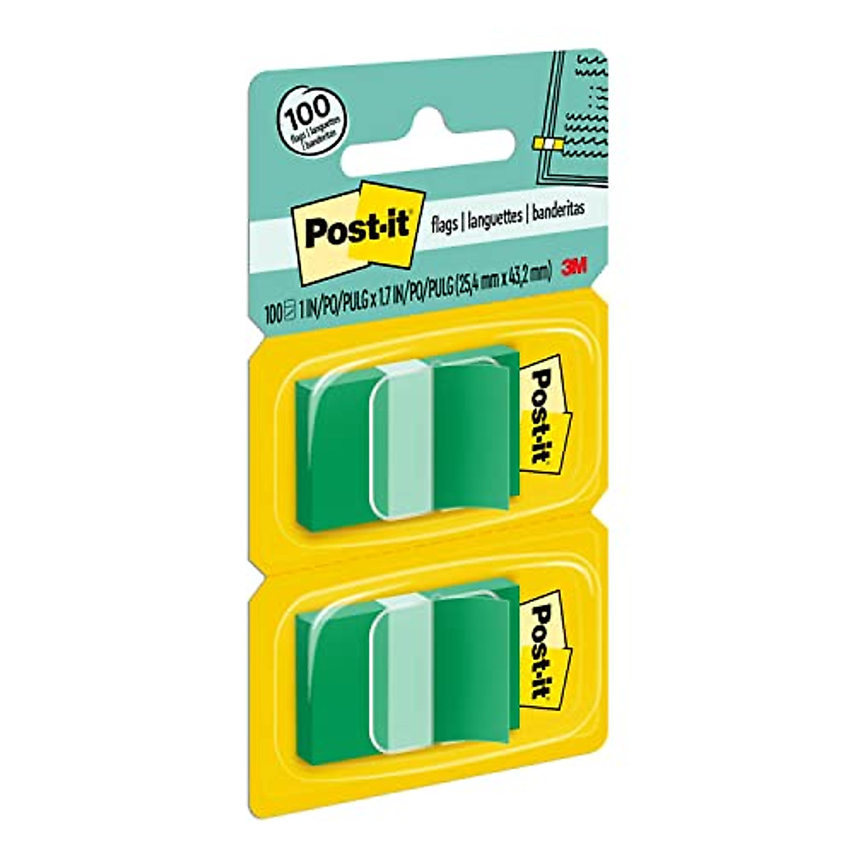 Post-it Flags, 50/Dispenser, 2 Dispensers/Pack, 1 in Wide, Green (680-GN2)