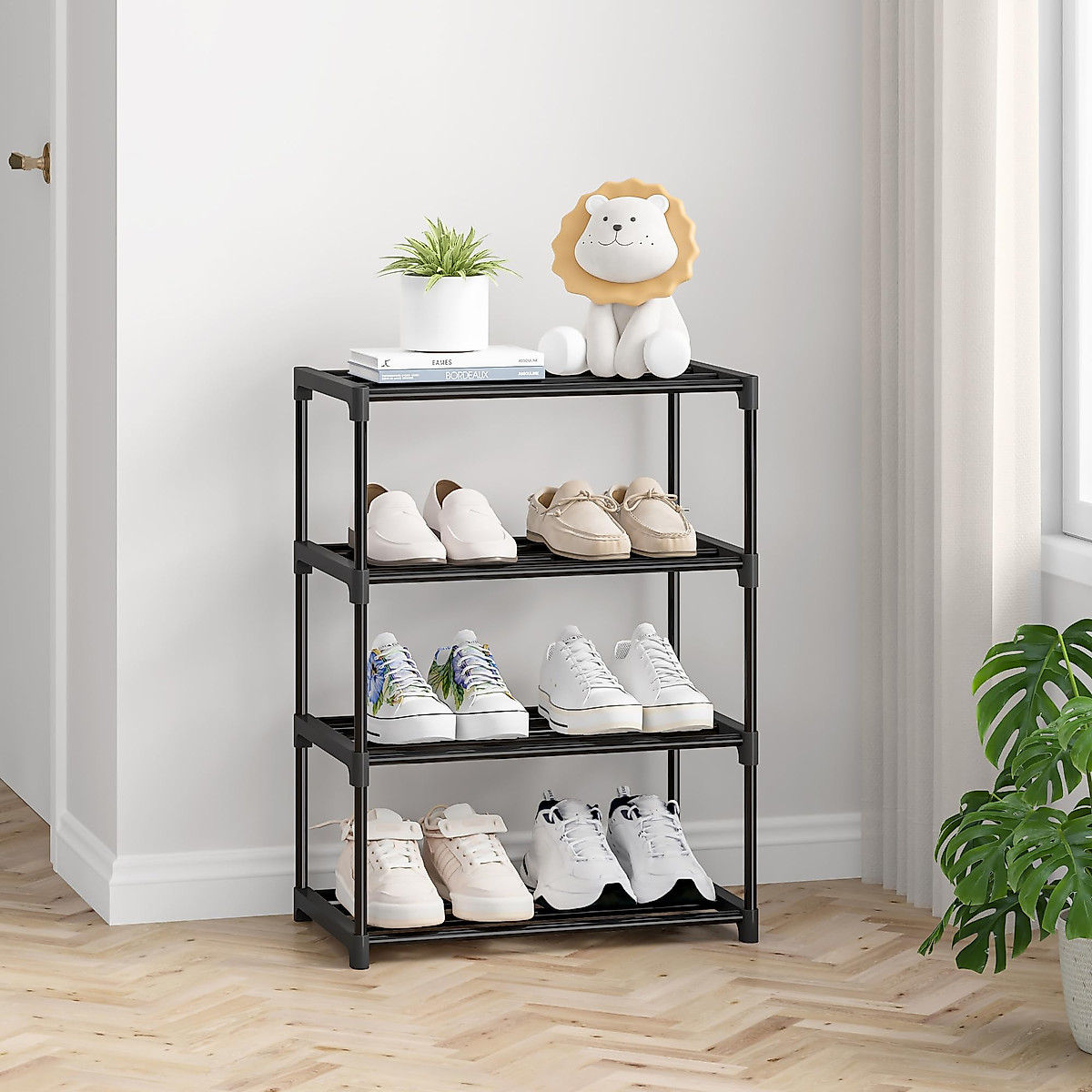 Autonomier 4 Tier Small Shoe Rack, Narrow Stackable Shoe Shelf for Kids Toddler Adult, Lightweight Shoe Rack Stand for Closet Dorm Storage Organizer, Front Door Entrance, Entryway