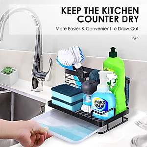 Kitchen Sink Caddy Sponge Holder: Large Kitchen Sink Organizer for Dish Rag Soap Brush - 304 Stainless Steel Sponge Holder Rack with Removable Drain Tray for Counter Storage