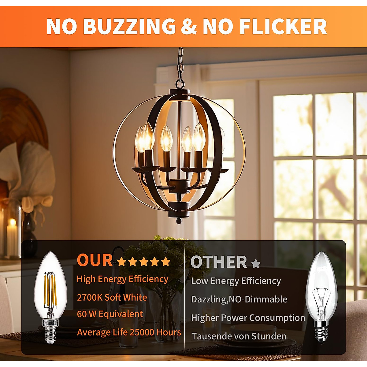 ALAMPEVER Chandelier Light Bulbs, 60W Equivalent Candelabra Bulb, E12 LED Bulb 2700K Soft White, 450LM, Candle Light Bulbs 6 Pack