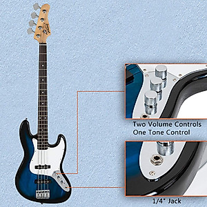 Glarry Gjazz Electric Bass Guitar 4 String Full Size for Beginner Right Hand with Shoulder Strap, Wrench Tool, Power Line and Bag (Dark Blue)