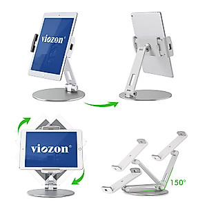 Viozon Tablet Stand and Holders with Adjustable Range and Height Aluminum Stand Compatible with iPad/iPad pro/ipad Mini/Cellphone/Kindle Desk Holder fits 3.5-13inches, 360° Swivel Adjustable Base