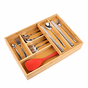 HAZWEOU Bamboo Silverware Organizer - Kitchen Drawer Organizer and Utensil Organizer - Cutlery – Flatware - Hardware Organizer, with Small Slidable Organizer(Natural)