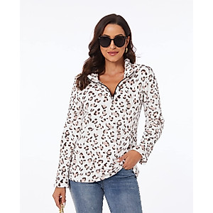 P&A Fashion Women's Long Sleeve Leopard Print Sweatshirt V Neck Quarter Zip Fleece Pullover Tops (XX-Large, White 1)