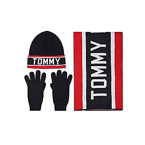 Tommy Hilfiger Men's Varsity TH Stripe Hat Glove and Scarf Set, Desert Sky, One Size