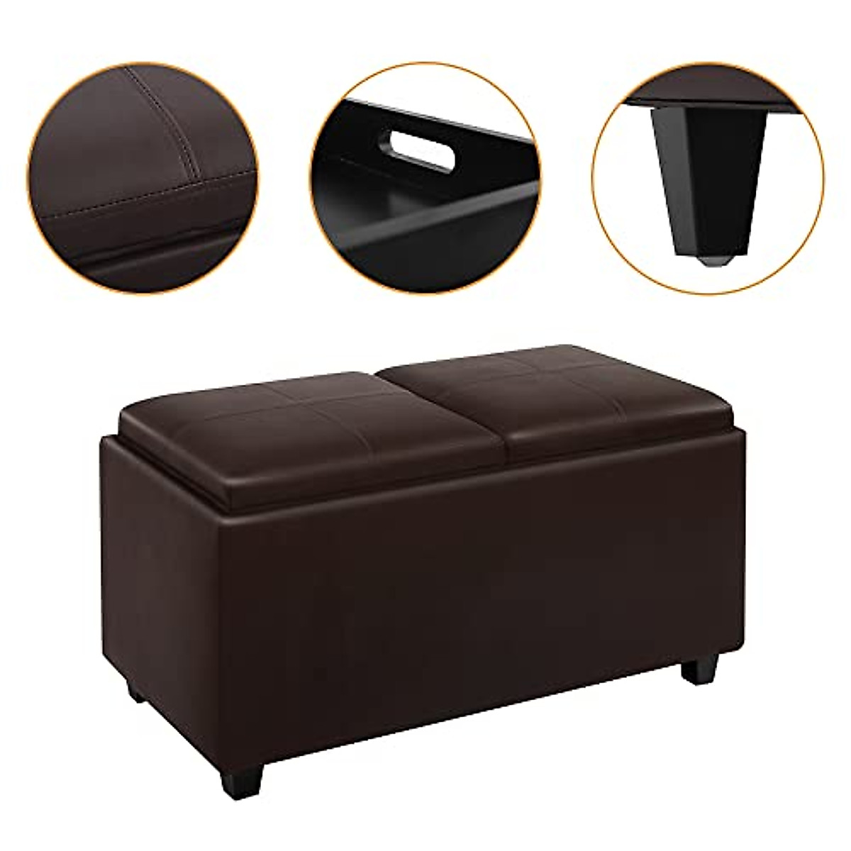 Homestripe 34Inch Contemporary Rectangle Tray Storage Ottoman in Midnight Black Footrest Stool, Footstool for The Living Room Family Room, Brown