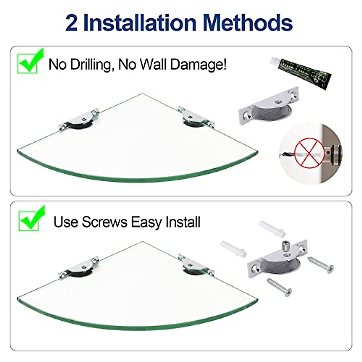 AIBLOM 2 Tier Clear Tempered Glass Floating Shelf, Shower Caddy Organizer Corner Shower Shelf Shampoo Soap Holder for Inside Shower Bathroom Bathtub Wall, Shower Shelves with Adhesive No Drill