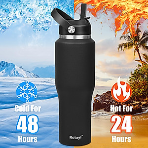 Rotayi 32 oz Water Bottle, Fits in Any Car Cup Holders - Stainless Steel Triple Wall Vacuum Insulated Water Bottles Flask with Straw & Spout Lid(Cold for 48 Hrs, Hot for 24 Hrs)
