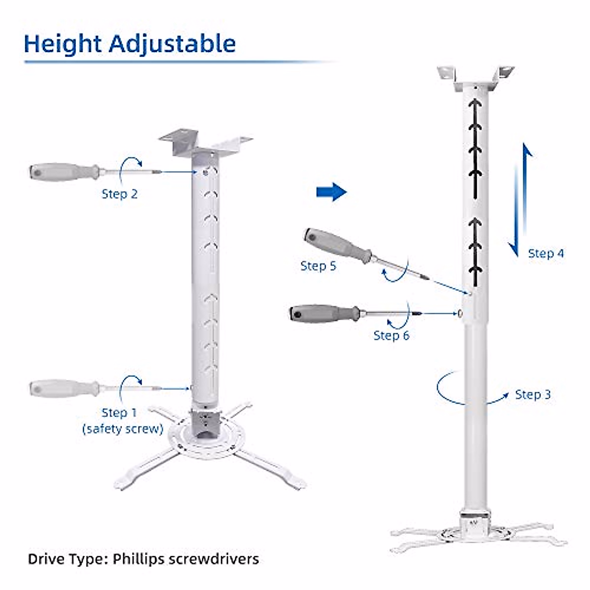 SCREENPRO Projector Mount Universal Full Motion Ceiling Bracket with Adjustable Height 33 inch to 59 inch, 22lb Max Weight and Extendable Arms Tilt Swivel Mount for Home and Office Projector