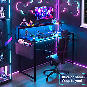Yoobure Computer Desk with Power Outlets Fast Charging Type-C Included, Gaming Desk with LED Lights, 47" Office Desk with Adjustable Monitor Stand, Small Desk Home Office Desks with Storage Bag & Hook