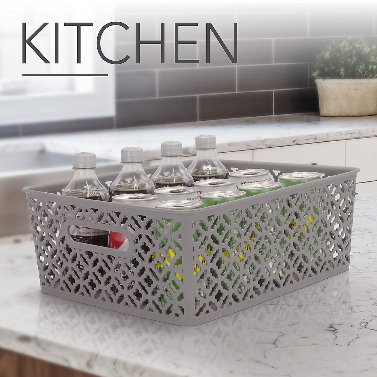 BROOKSTONE - 2 Pack Large Storage Baskets with Handles, Decorative Woven Pattern, Versatile and Stylish Organizers for Home, BPA Free Plastic Bins