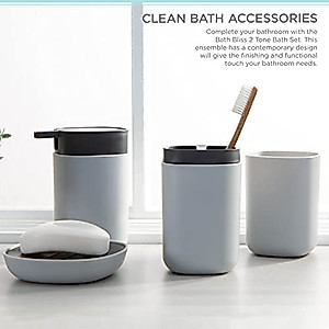 Bath Bliss Contemporary 4 Piece Set | Tumbler | Toothbrush Holder | Soap Dish | Soap Pump | Two Tone | Contemporary Design | Bathroom Accessories | Rust Proof | Grey