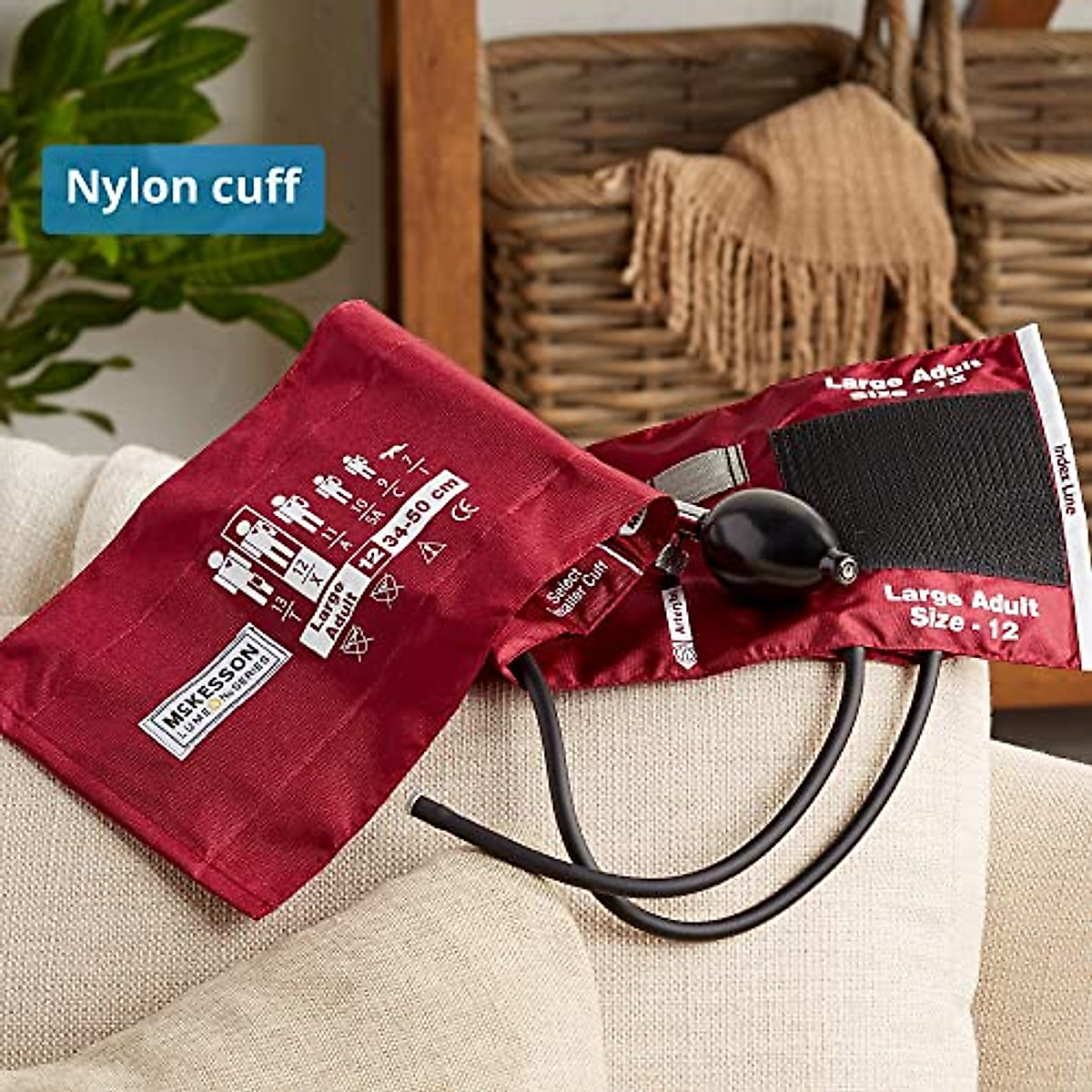 McKesson LUMEON Replacement Blood Pressure Cuff with Bulb and Valve, Nylon Cuff, 2-Tube Bladder, Burgundy, Adult Large, Gauge Not Included, 15 Count