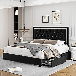HITHOS Queen Size Bed Frame with 4 Storage Drawers and Adjustable Headboard, Modern Upholstered Platform Bed with Wood Slat Support, Diamond Button Tufted Design, No Box Spring Needed (Black, Queen)