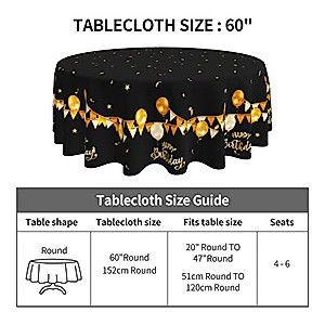 Happy Birthday Tablecloth, Black Round Tablecloth 60 Inch, Gold Stars Round Table Cloth for Birthday Party Decor, Wipeable Waterproof Polyester Fabric Table Cover for Holiday Outdoor Camping Picnic