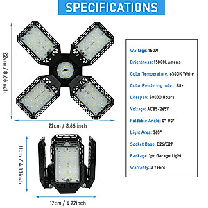 QiyuanLS LED Garage Light,150W Deformable LED Garage Ceiling Lights,15000LM Garage Lights with 4 Adjustable Panels, E26/E27 LED Shop Lights for Garage, Basement, Barn, Workshop,High Bay Light