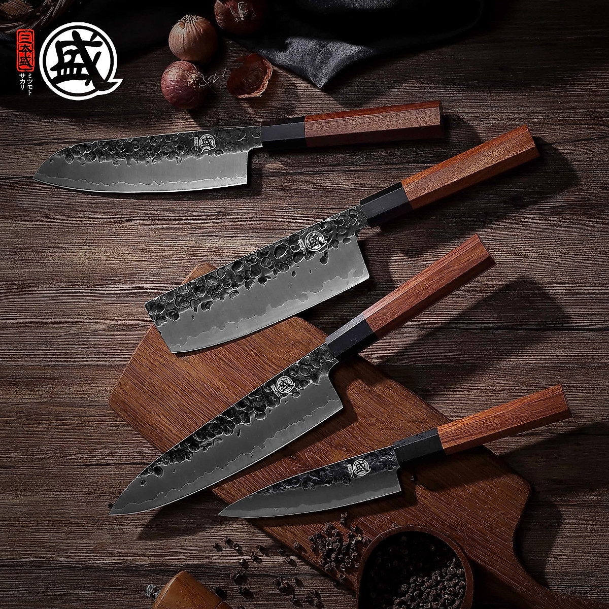 MITSUMOTO SAKARI Japanese Chef's Knife Set 4 Pcs, Professional Hand Forged Kitchen Chef Knife Set, High Carbon Ultra Sharp Cooking Chefs Knife Set (Rosewood Handle & Sandalwood Box)
