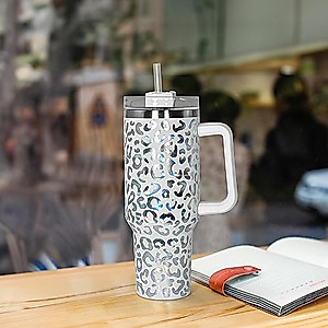 sweet grain 40oz Insulated Leopard Tumbler with Handle, Stainless Steel Coffee Hot Pink Tumbler with Lid and Straws,Double Vacuum Coffee Travel Mug Water Bottle for Office,Home, Party