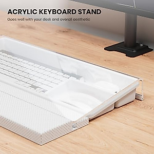 3 in 1 Keyboard Stand w/Wrist Rest and Storage Tray - Klearlook [Ultra Comfortable] PU Leather Wrist Pad & Acrylic Keyboard Riser, 16.9x7.3 inch Tilt Adjustable Computer Keyboard Stand Holder-White