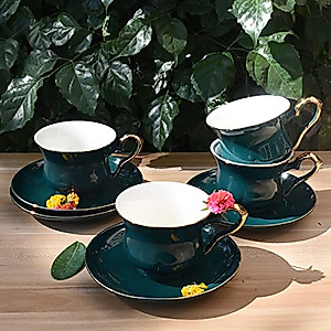 Jomop gothic style ceramics tea cup and saucer set gold trim set of 4 (Dark Green)
