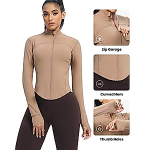 AVGO Women's Cropped Running Workout Jackets Zip Slim Fit Athletic Tops with Thumb Holes(Cream Coffee, S)